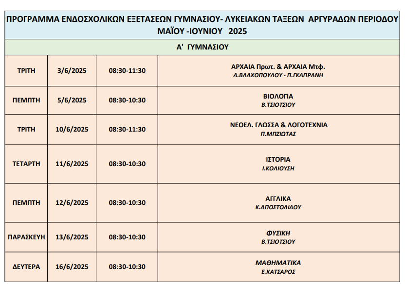 Πρόγραμμα Ενδοσχολικών Εξετάσεων Γυμνασίου 2025 - Γυμνάσιο & Λ.Τ. Αργυράδων